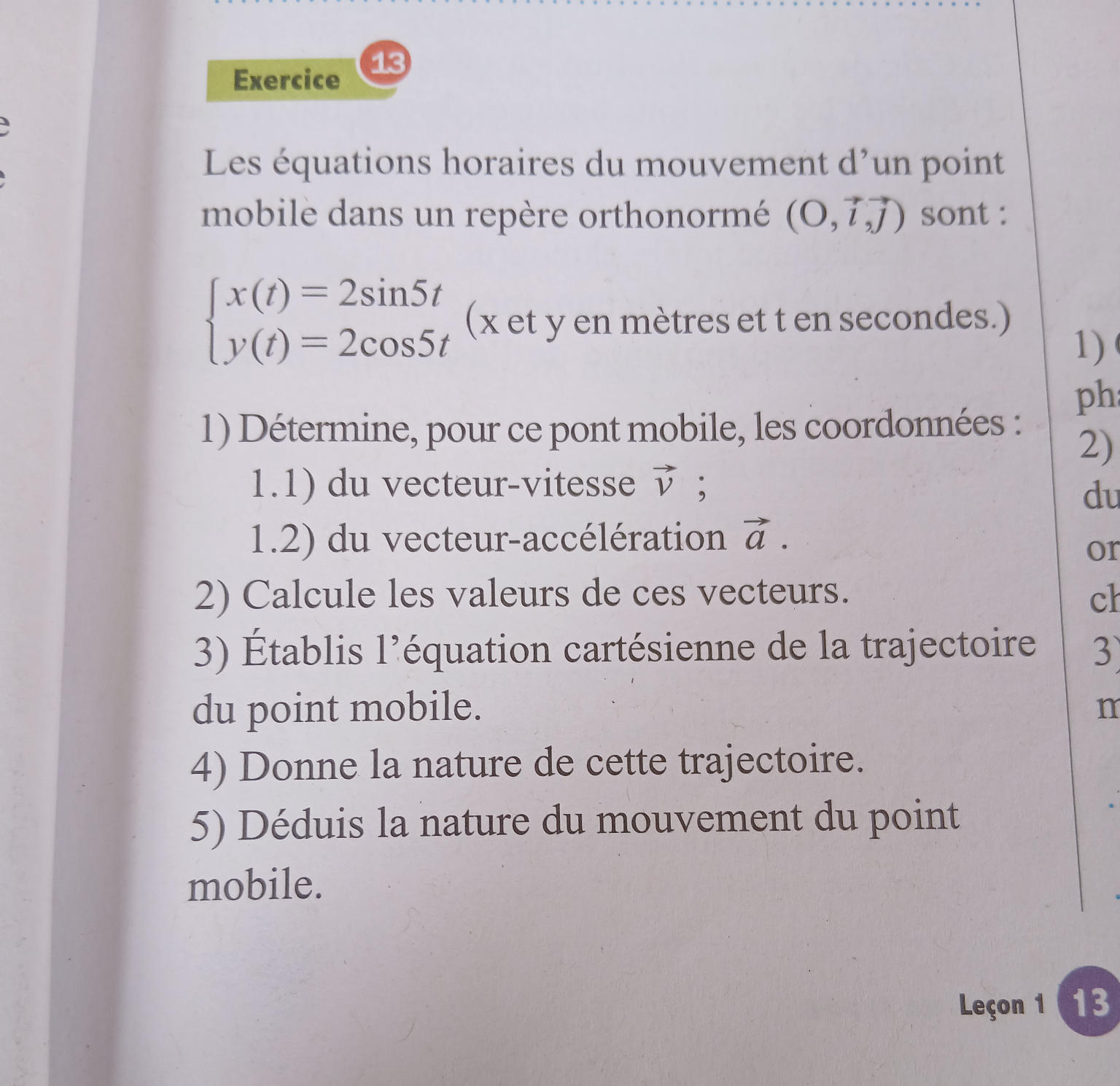 Les équations horaires du mouvement d'un | StudyX