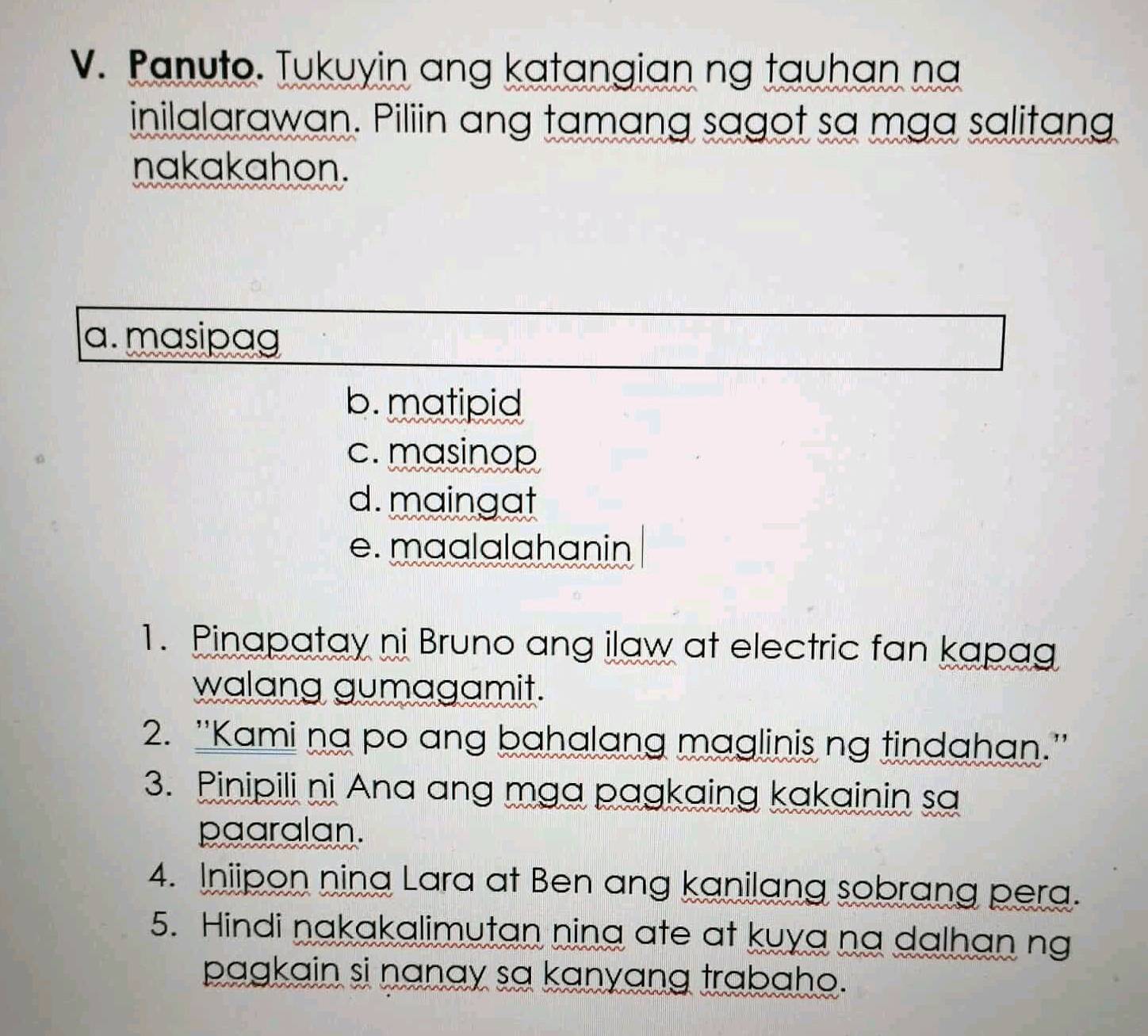 V. Panuto. Tukuyin ang katangian ng tauhan | StudyX