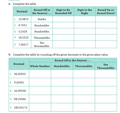 A. Complete the table. | Decimal | Round | StudyX