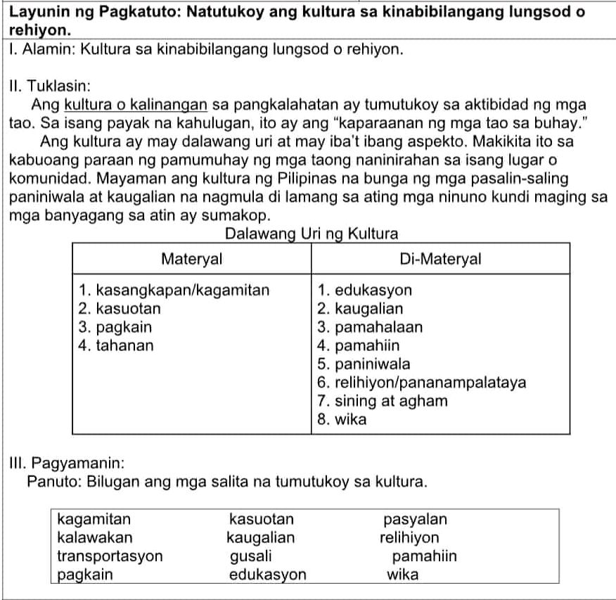 Layunin ng Pagkatuto: Natutukoy ang kultura | StudyX