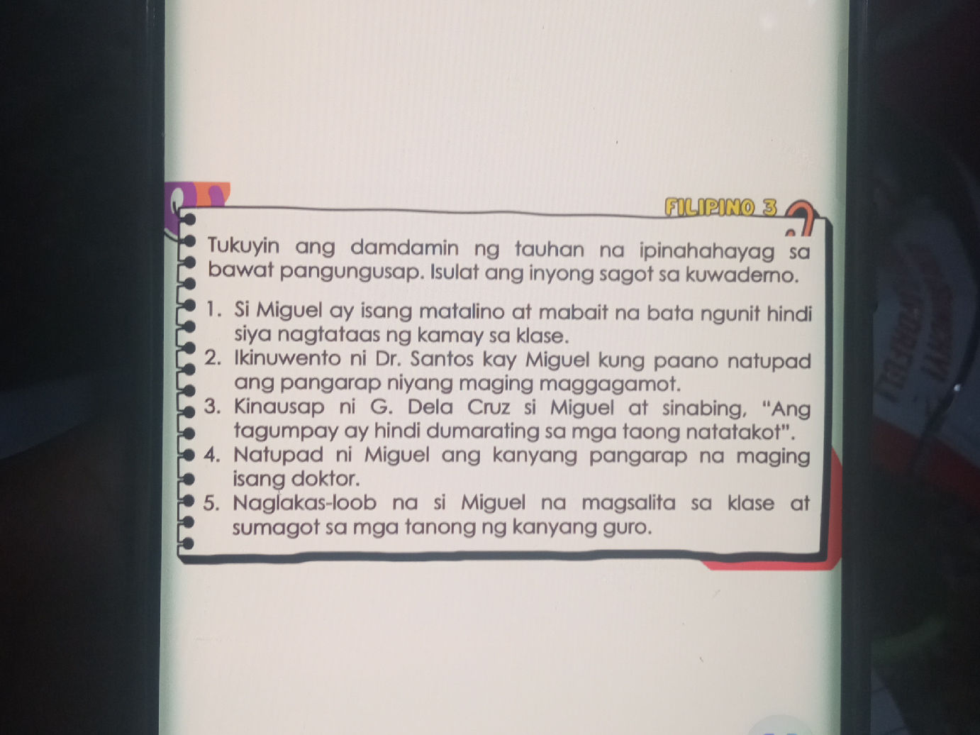 Tukuyin ang damdamin ng tauhan na | StudyX