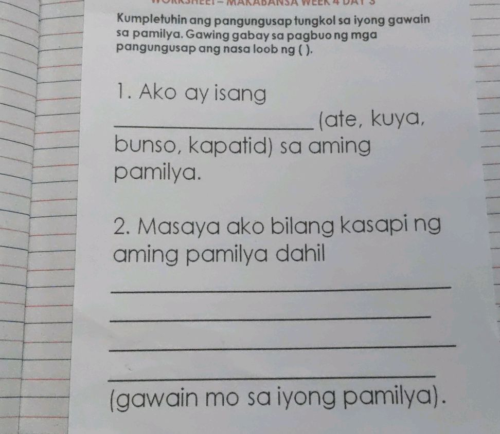 Kumpletuhin ang pangungusap tungkol sa iyong | StudyX