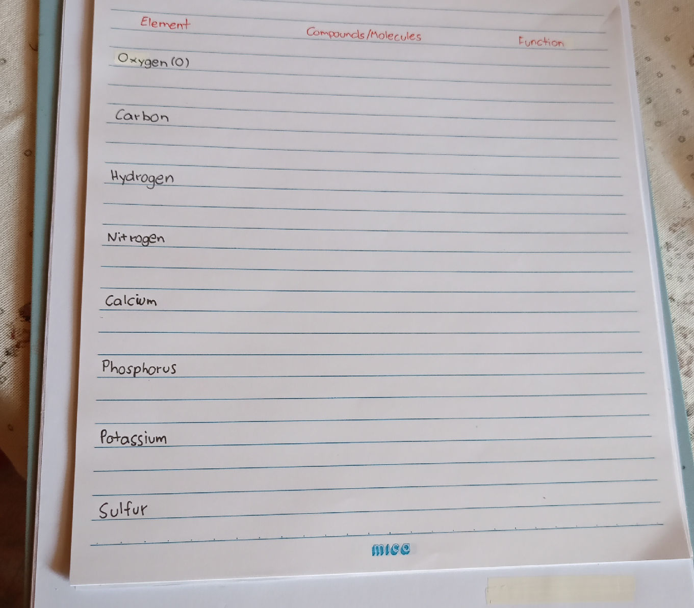 Element Compounds/Molecules Function Oxygen | StudyX