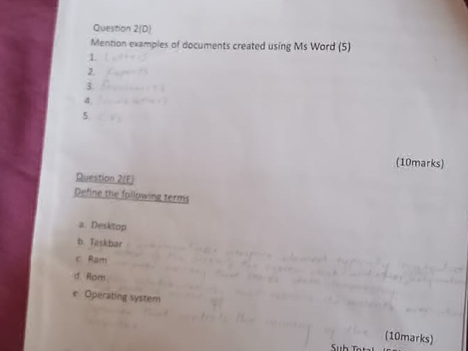 Question 2(D) Mention examples of documents | StudyX