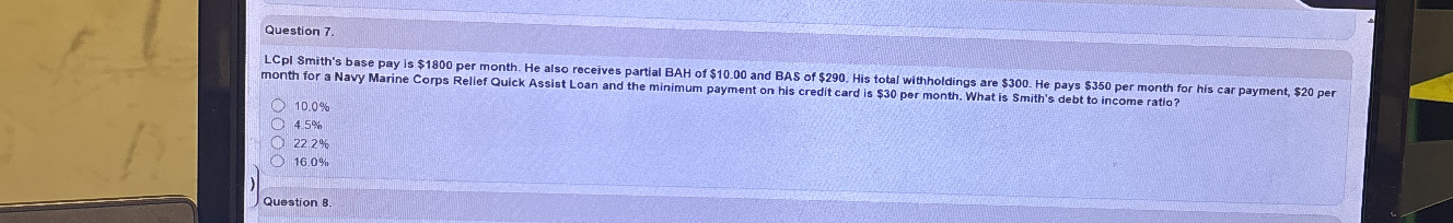 LCpl Smith's base pay is $1800 per month. He