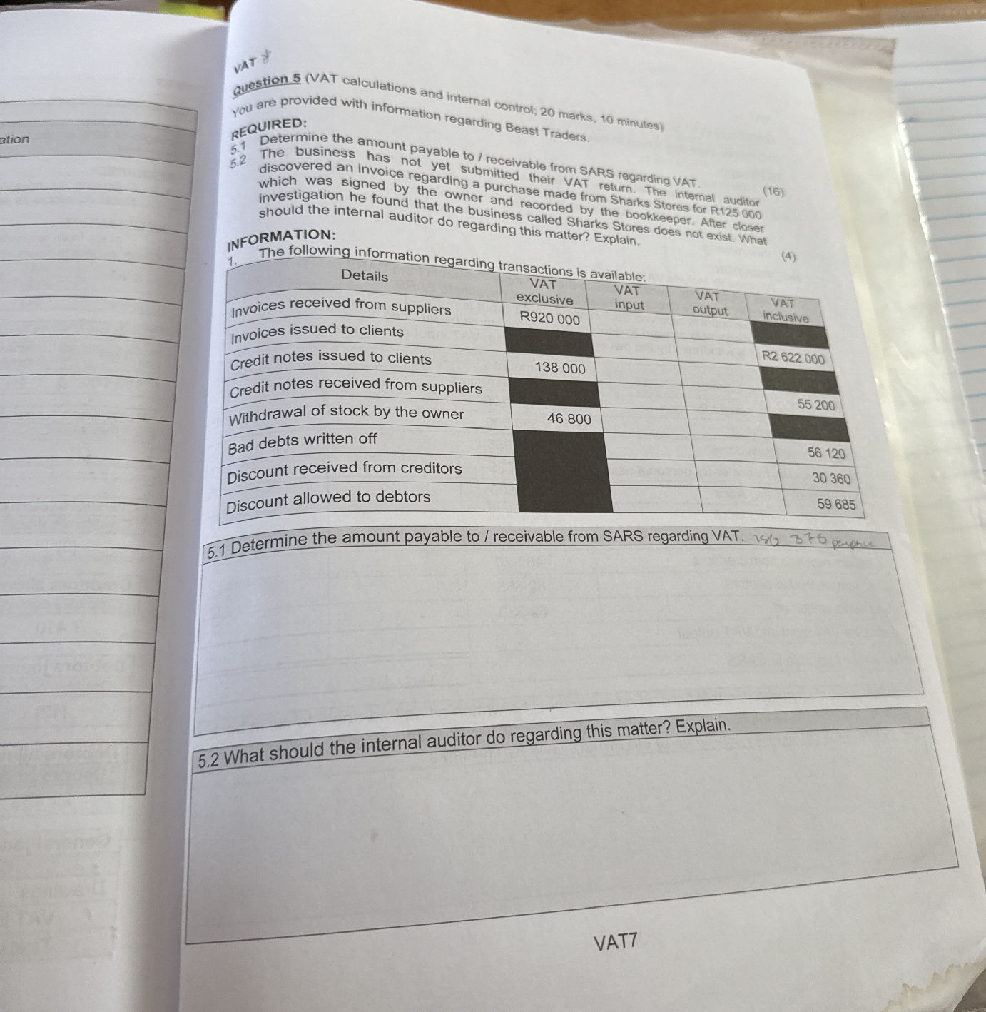 Question 5 (VAT calculations and internal | StudyX