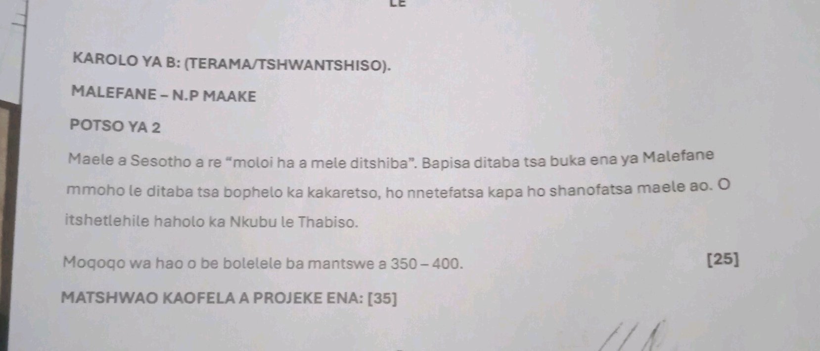 KAROLO YA B: (TERAMA/TSHWANTSHISO). | StudyX