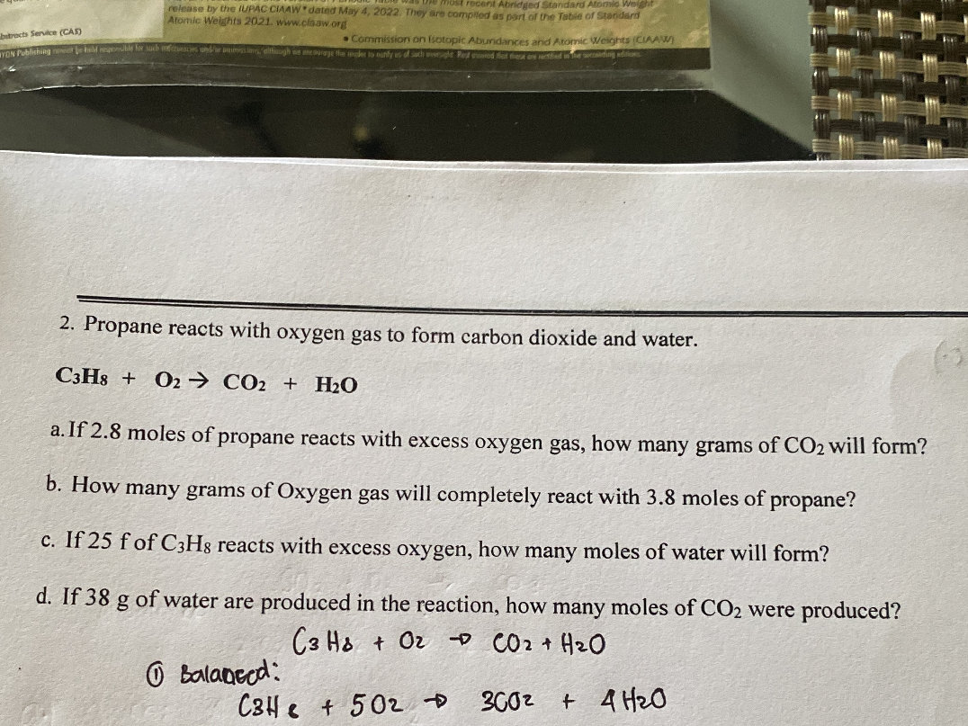 Propane reacts with oxygen gas to form | StudyX