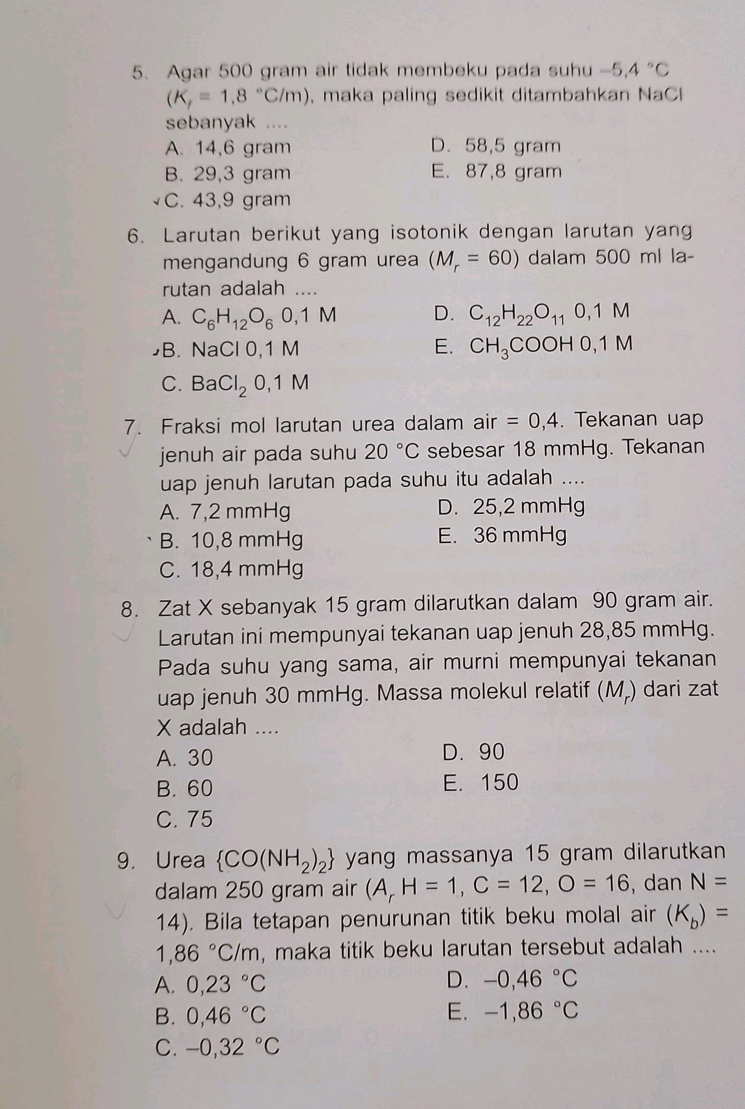 Fraksi mol larutan urea dalam air = 0,4. | StudyX