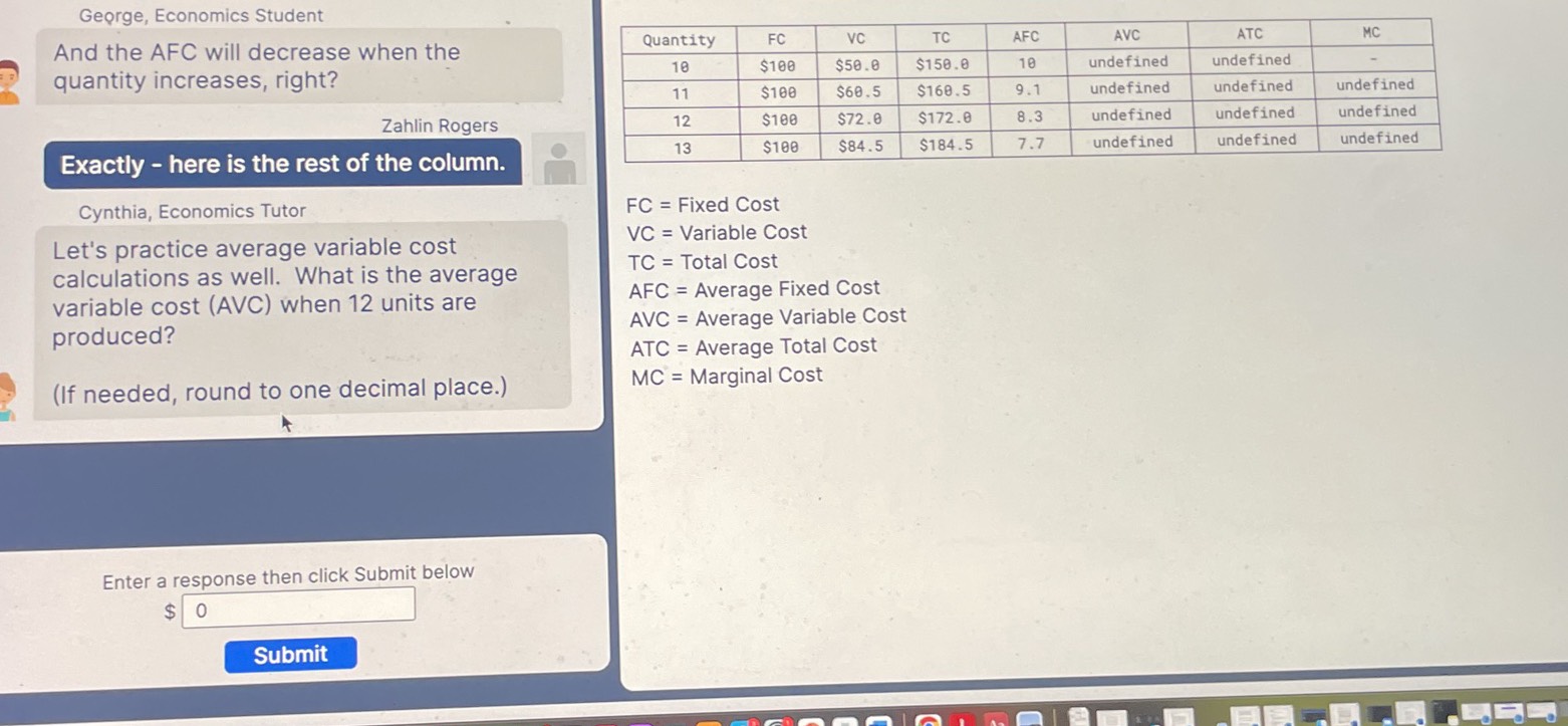 Let's practice average variable cost | StudyX