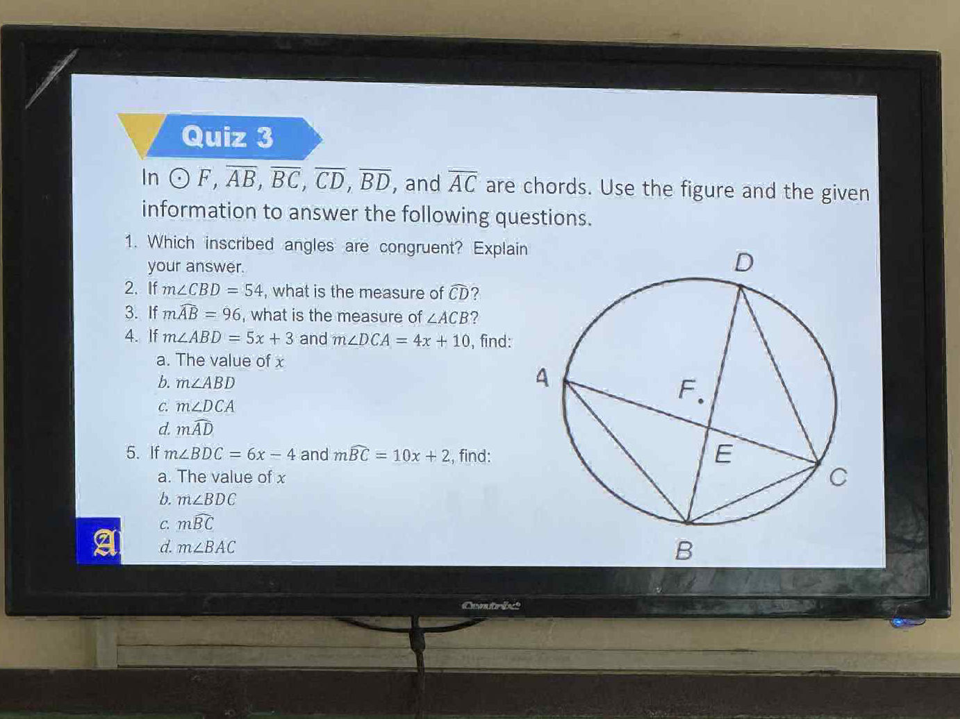 In circle F, $ {AB}$, $ {BC}$, $ {CD}$, $ | StudyX