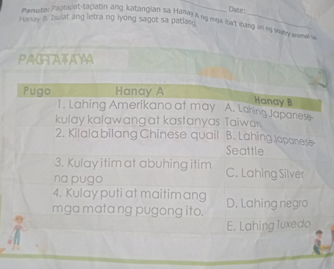 Pagtapat-tapatin ang katangian sa Hanay A ng | StudyX