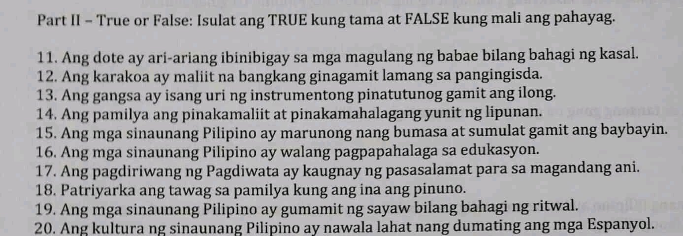 Part II - True or False: Isulat ang TRUE | StudyX
