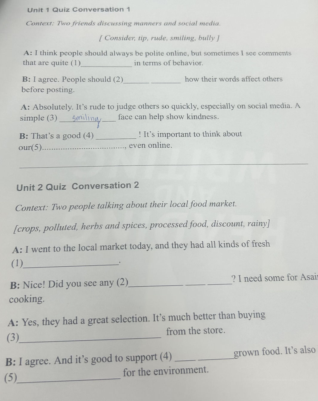 Unit 1 Quiz Conversation 1 Context: Two | StudyX