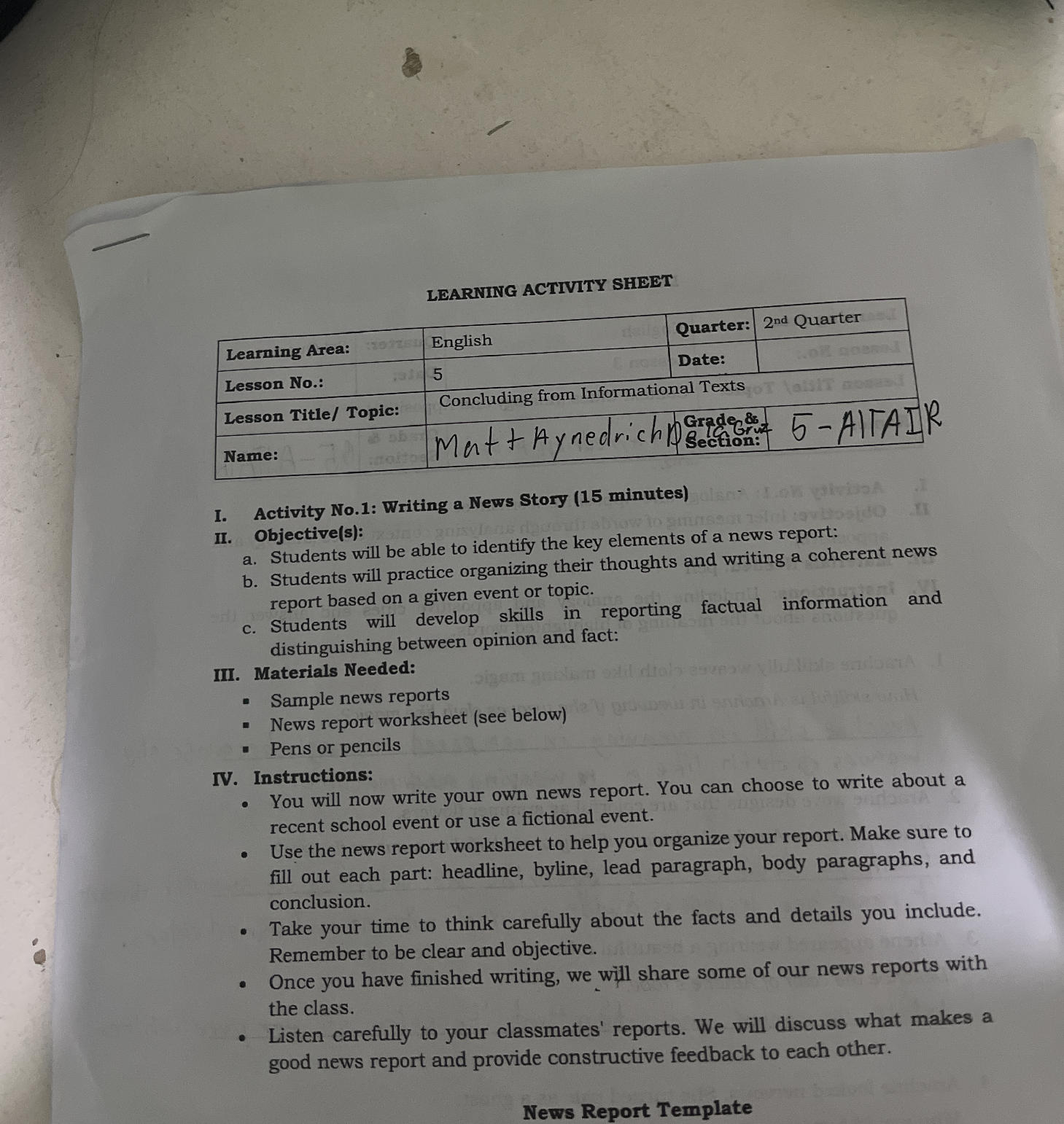 Activity No.1: Writing a News Story (15 | StudyX