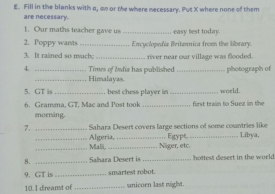 E. Fill in the blanks with a, an or the | StudyX