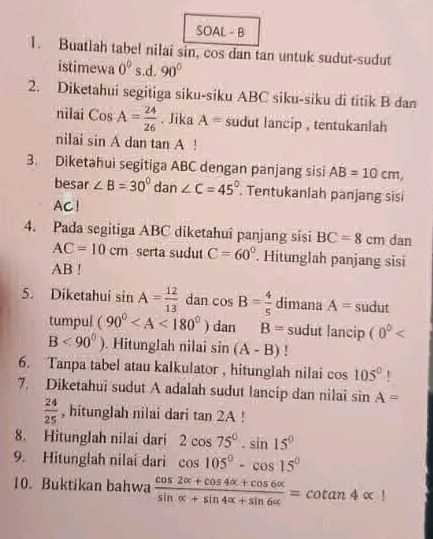 1. Buatlah tabel nilai sin, cos dan tan | StudyX