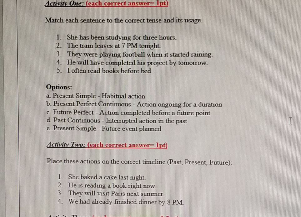 Activity One: (each correct answer= 1pt) | StudyX