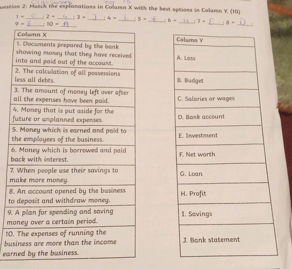 Question 2: Match the explanations in Column | StudyX