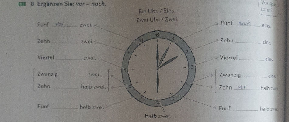8 Ergänzen Sie: vor - nach. Fünf vor zwei. | StudyX