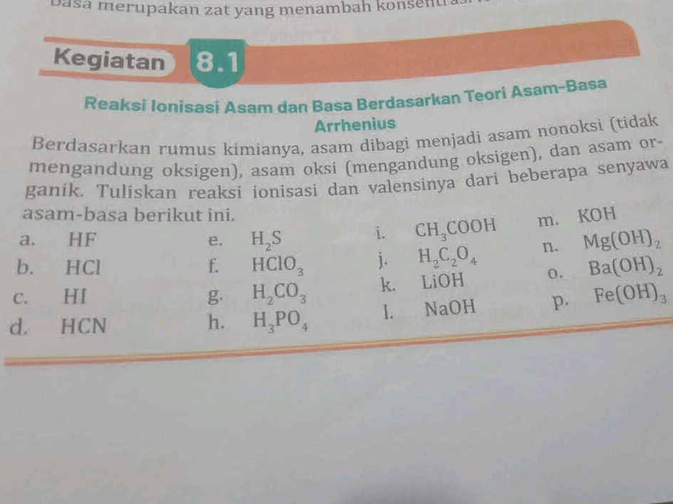 Tuliskan reaksi ionisasi dan valensinya dari | StudyX