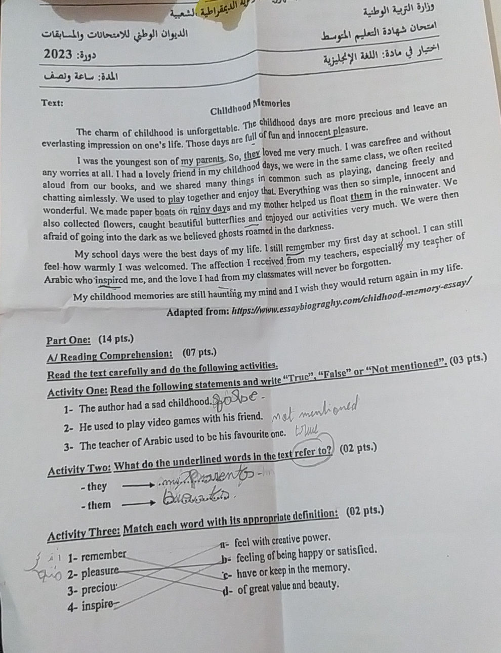 Part One: (14 pts.) A/ Reading | StudyX