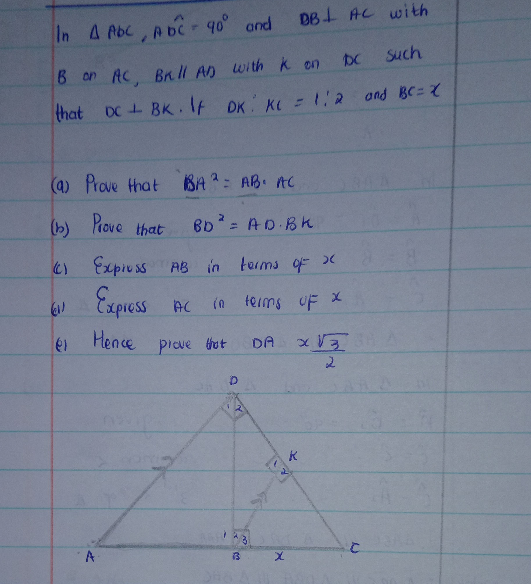 In $ ABC$, $ ABC = 90^ $ and $DB AC$ | StudyX