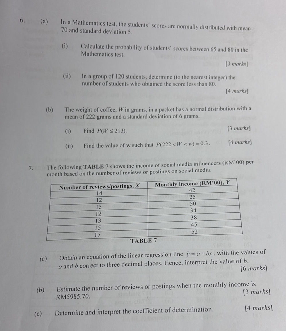 6. (a) In a Mathematics test, the students' | StudyX