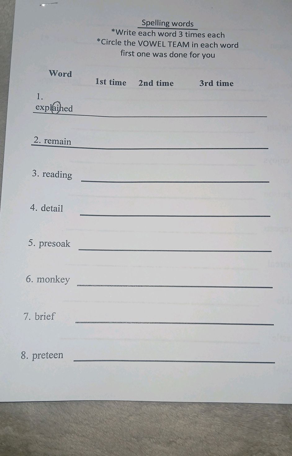 Spelling words *Write each word 3 times each | StudyX