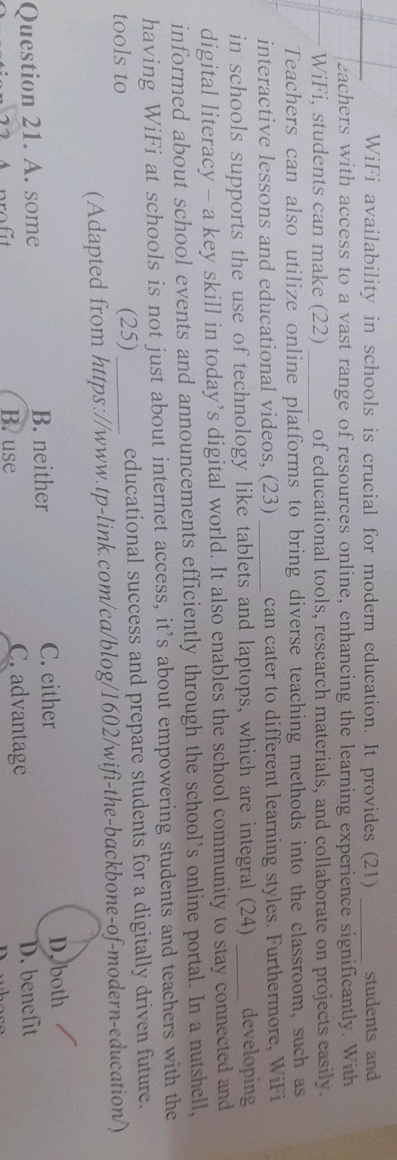 Question 21. A. some B. neither C. either D. | StudyX