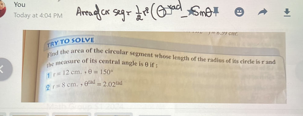 Area of cr seg = {1}{2}r^2( ^{rad} - sin ) | StudyX