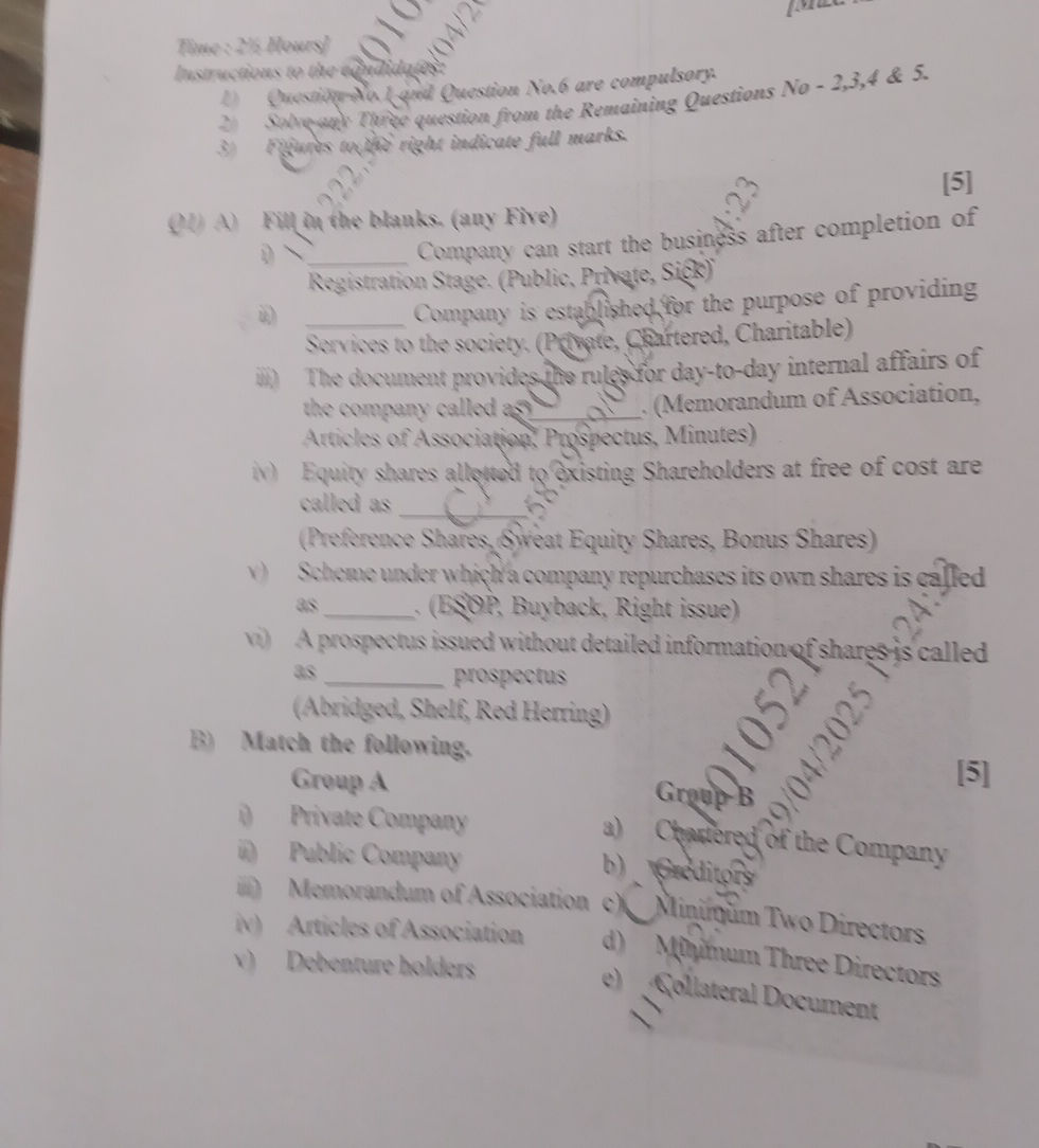 (Q) A) Fill in the blanks. (any Five) 1) | StudyX