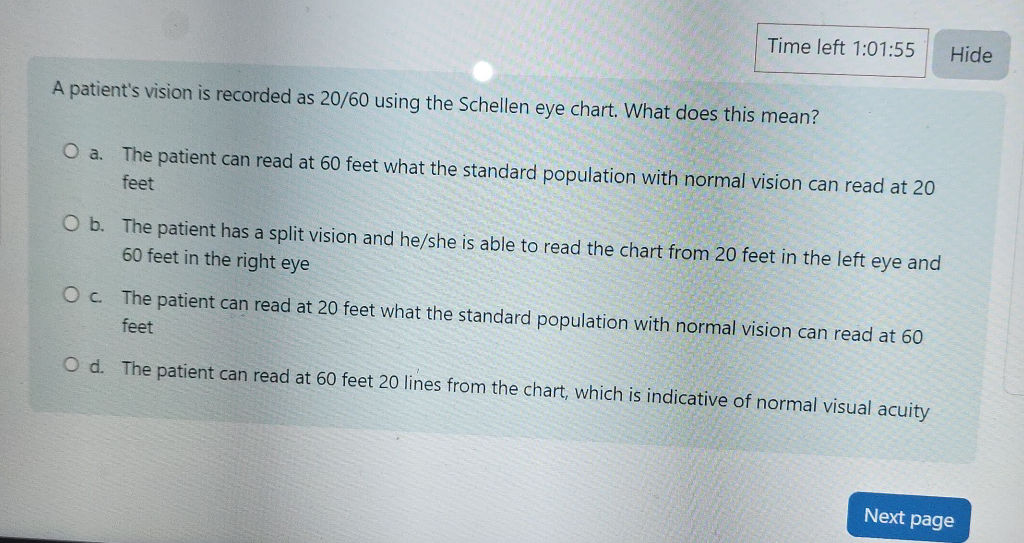 A patient's vision is recorded as 20/60 | StudyX