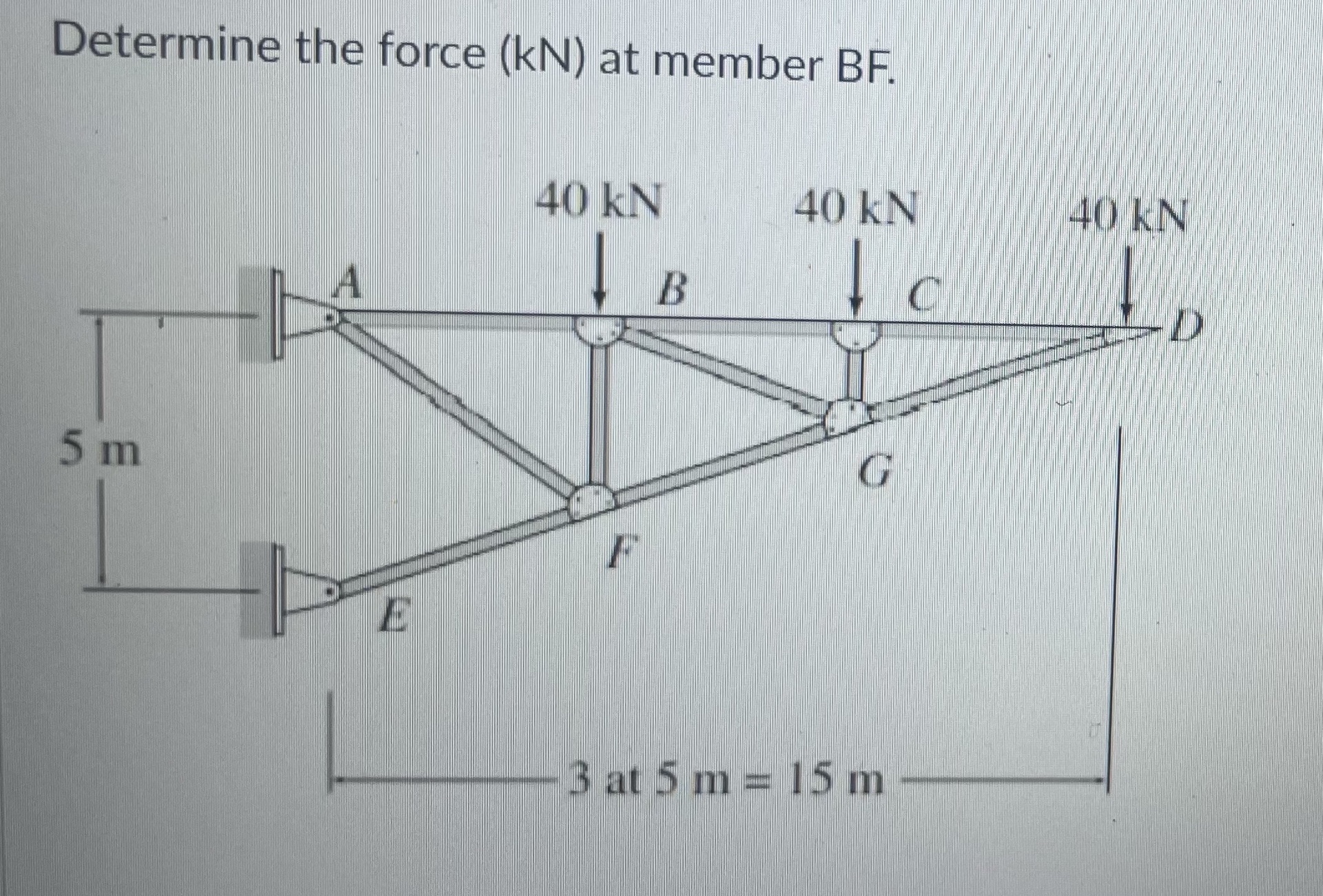 Determine the force (kN) at member BF. | StudyX