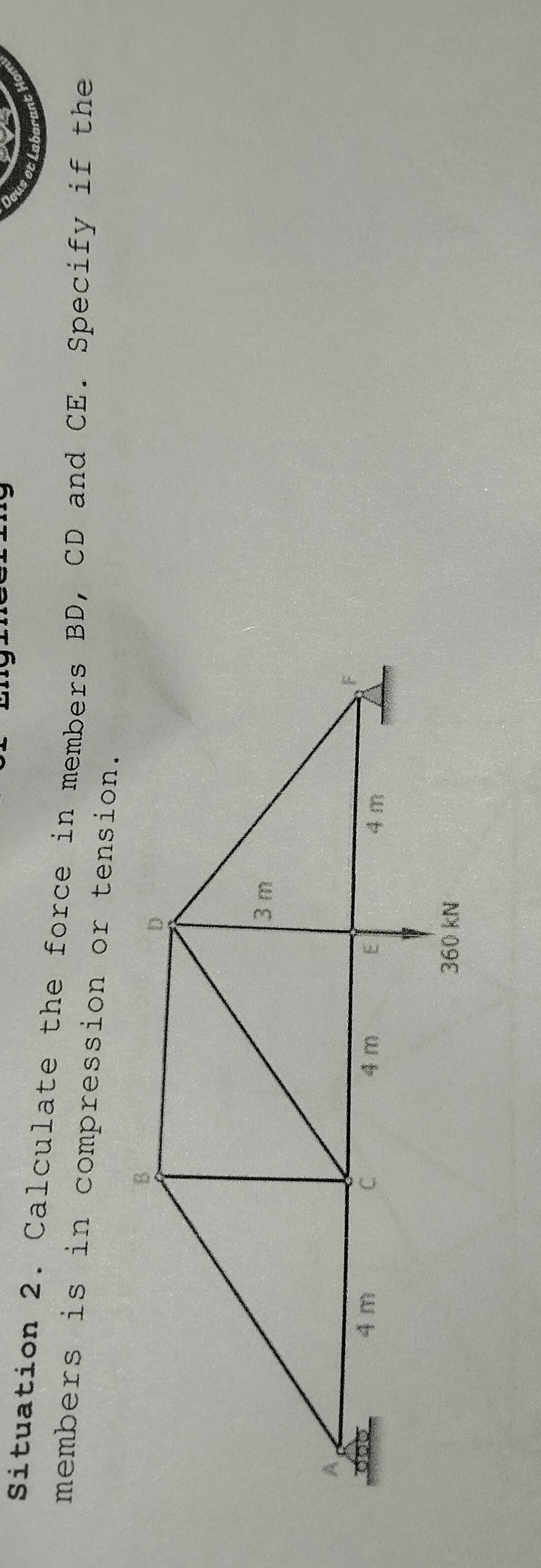Situation 2. Calculate the force in members | StudyX