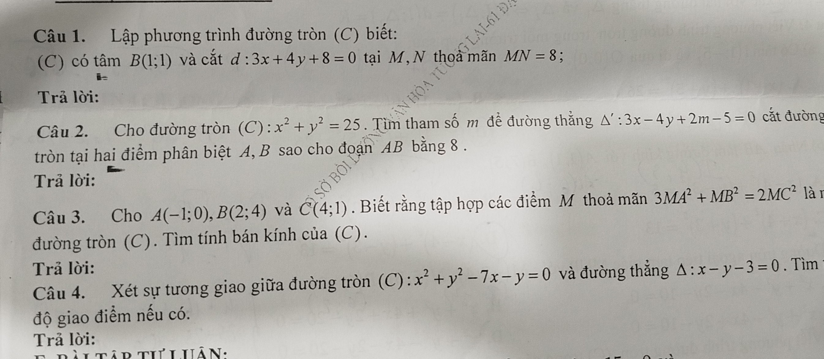 Câu 1. Lập phương trình đường tròn (C) biết: | StudyX