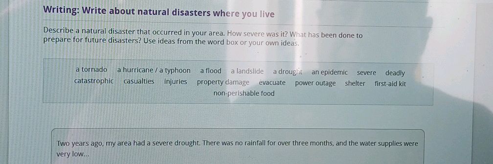 Writing: Write about natural disasters where | StudyX