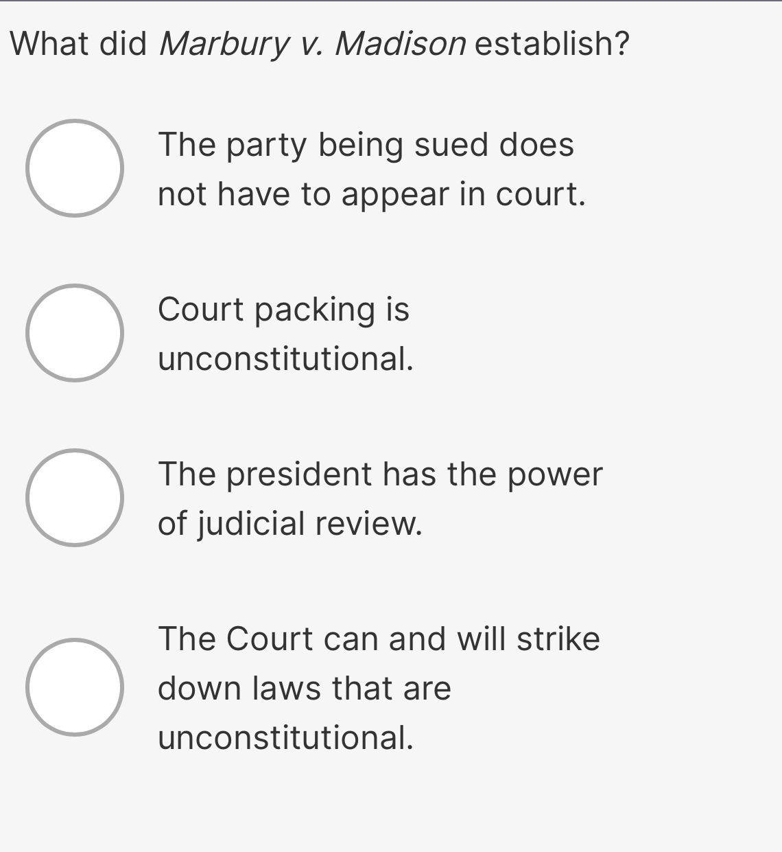 What did *Marbury v. Madison* establish? | StudyX