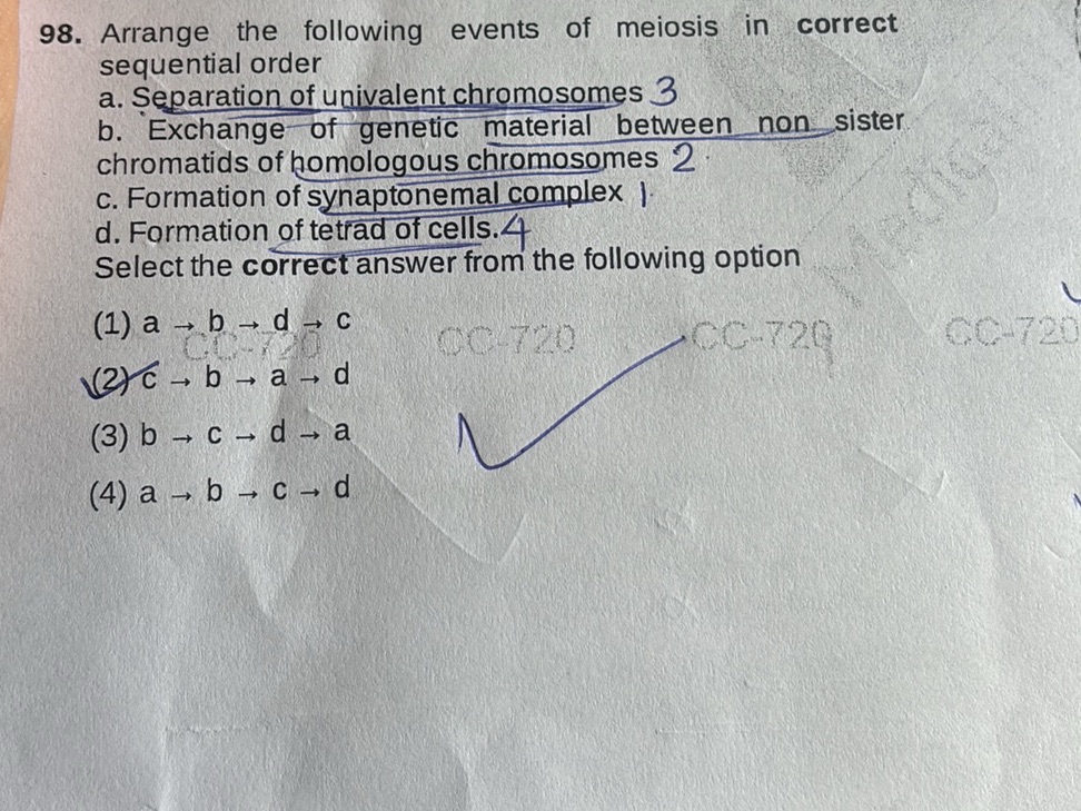 98. Arrange the following events of meiosis | StudyX
