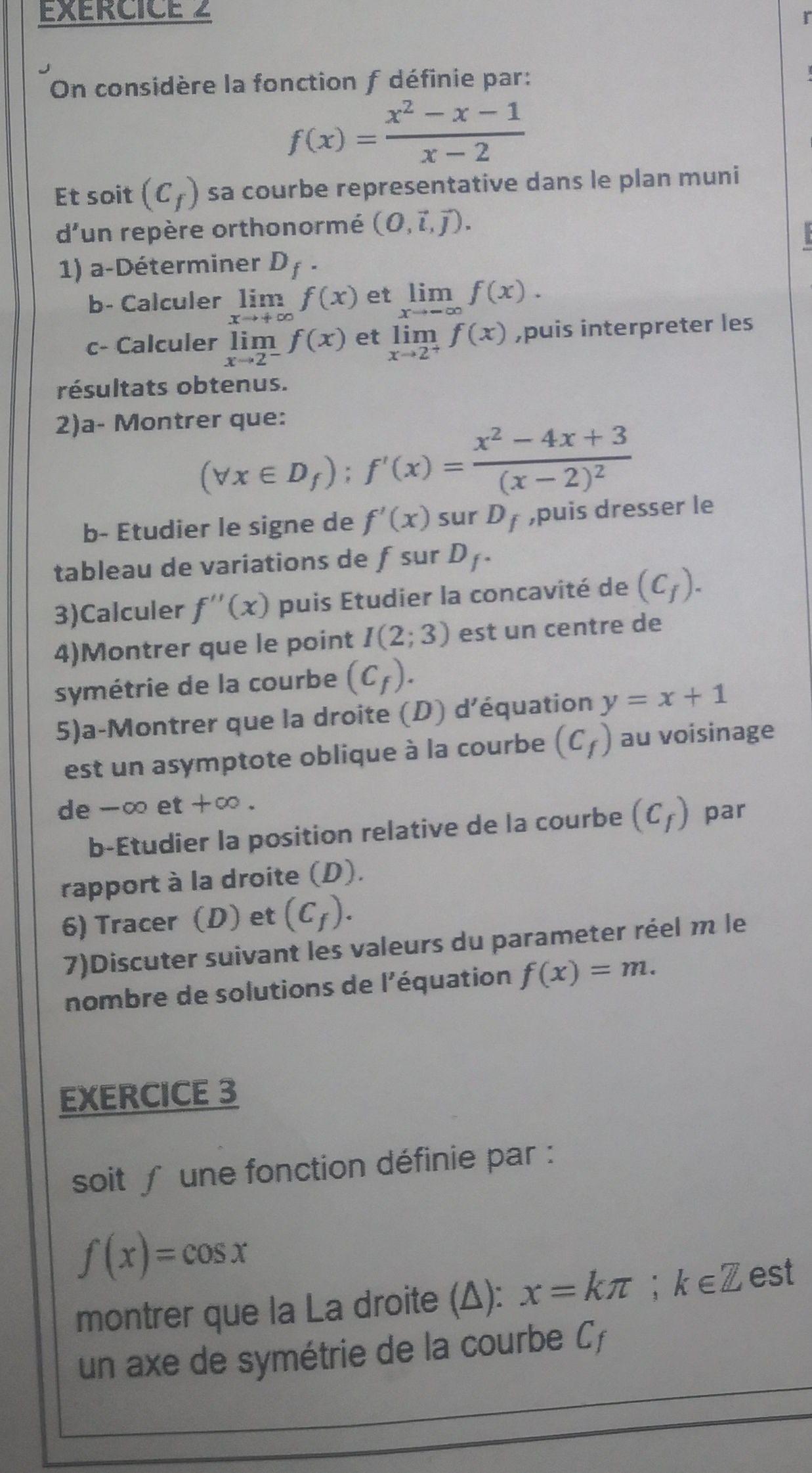 EXERCICE 2 On considère la fonction $f$ | StudyX