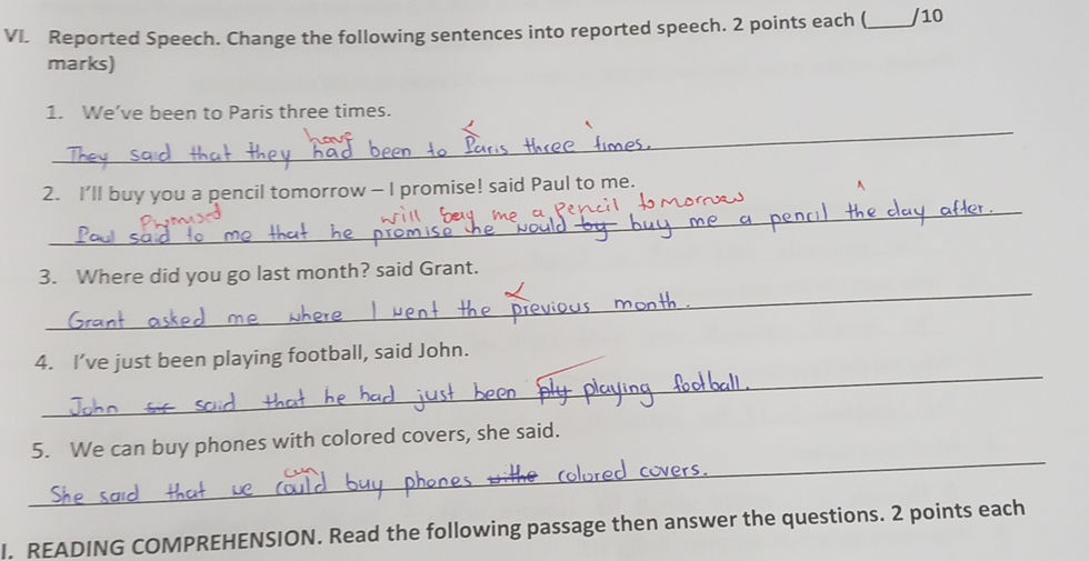 VI. Reported Speech. Change the following | StudyX