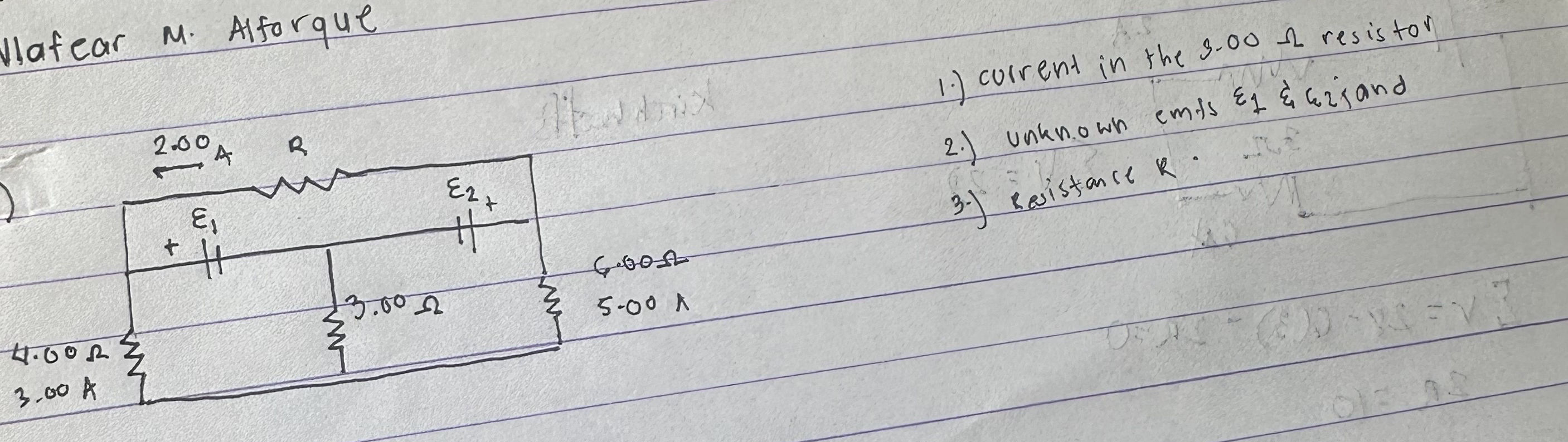1.) current in the 3.00 $ $ resistor 2.) | StudyX
