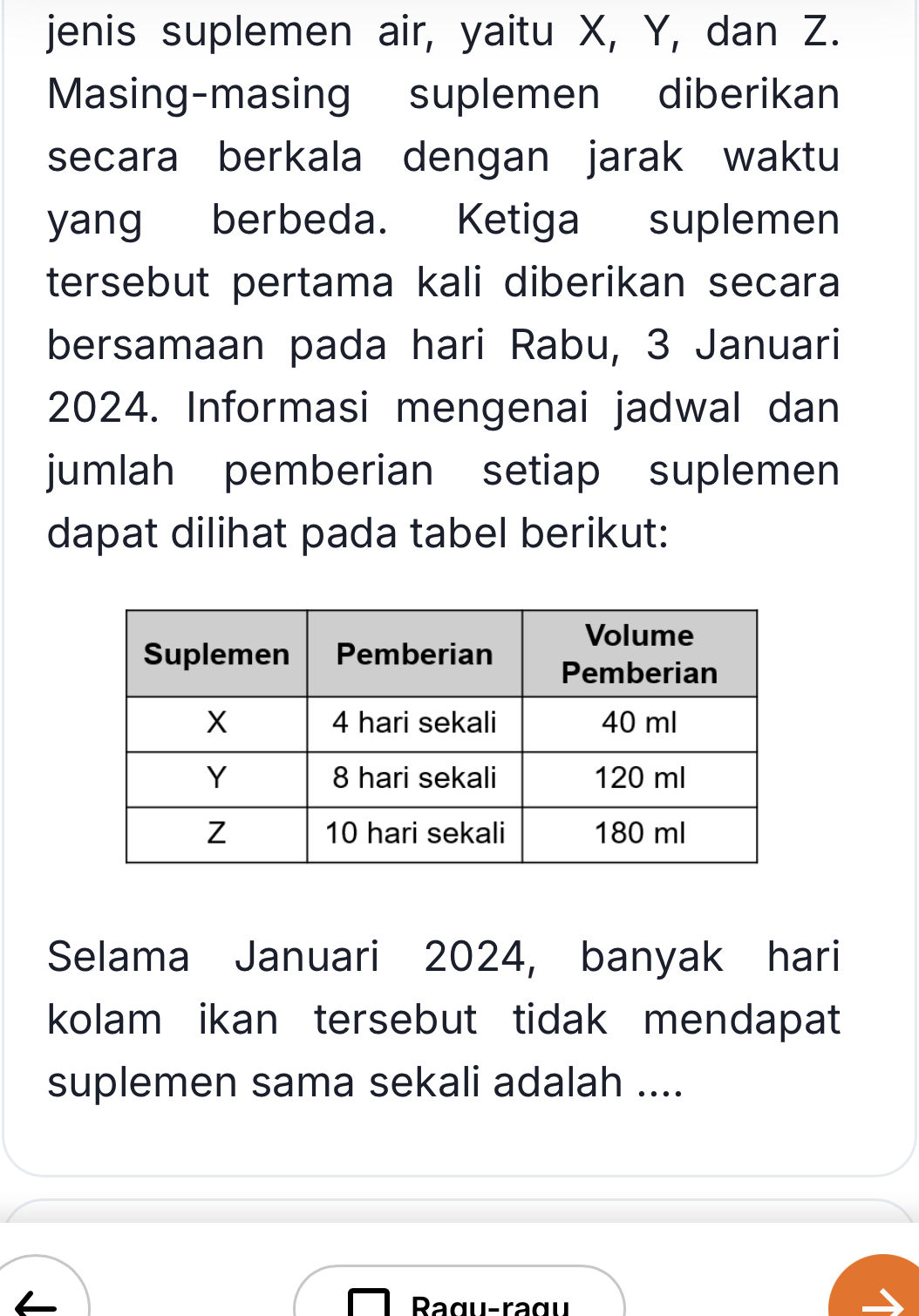 Jenis suplemen air, yaitu X, Y, dan Z. | StudyX