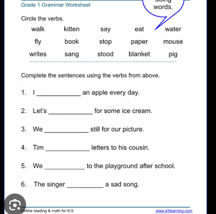Circle the verbs. walk kitten say eat water | StudyX