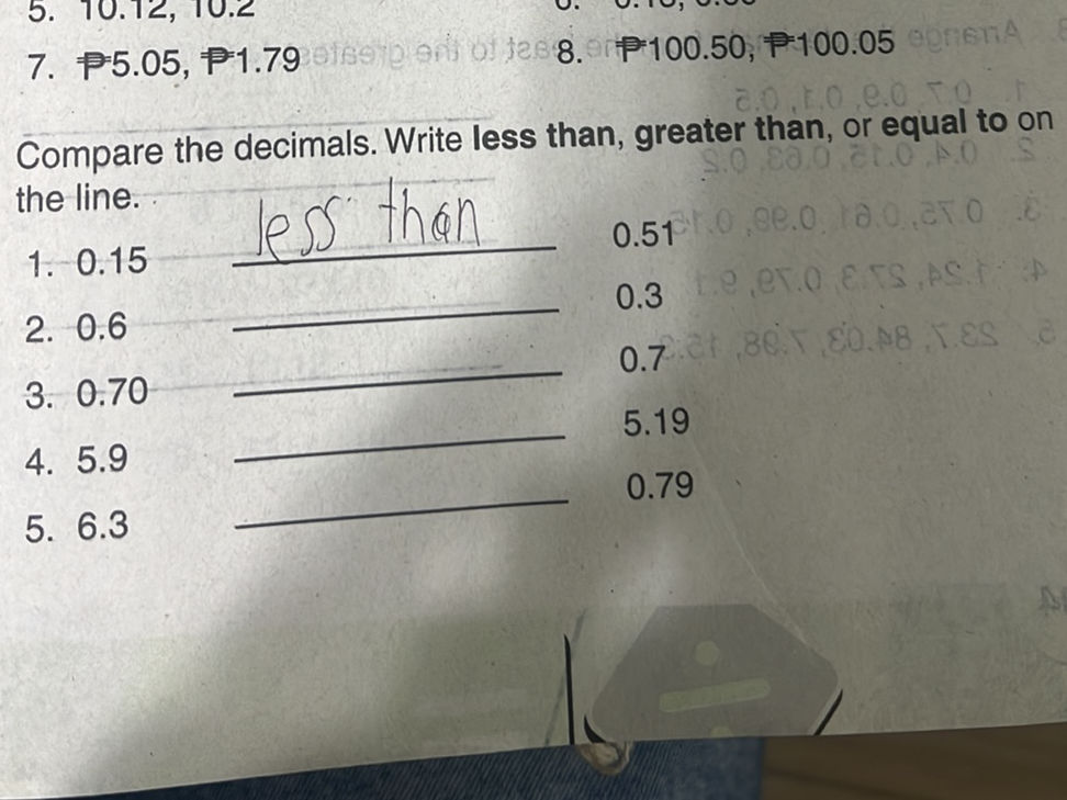 Compare the decimals. Write less than, | StudyX