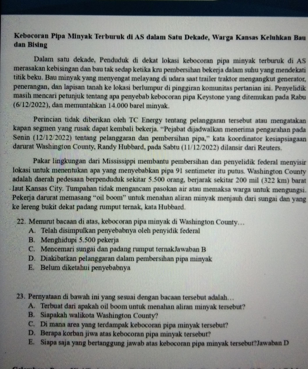 22. Menurut bacaan di atas, kebocoran pipa | StudyX