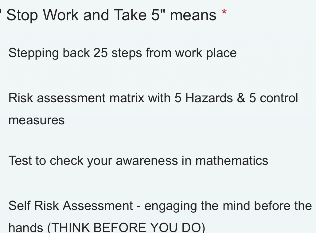 Stop Work and Take 5" means * Stepping back | StudyX