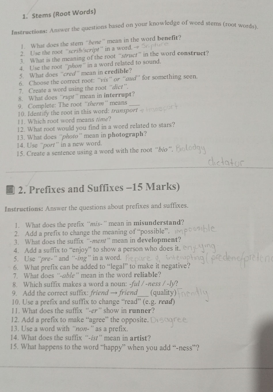 1. Stems (Root Words) Instructions: Answer | StudyX