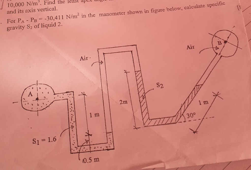 For $P_A - P_B = -30,411 N/m^2$ in the | StudyX