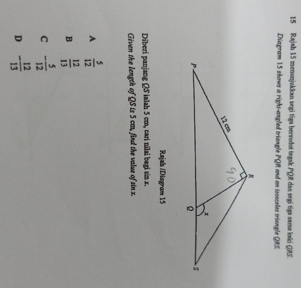 Diagram 15 shows a right-angled triangle PQR | StudyX